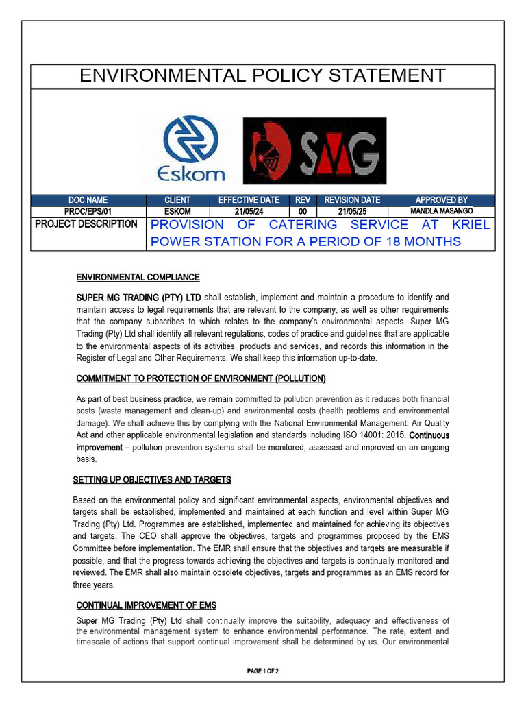 Environmental Policy Statement | Download Free PDF | Natural Environment