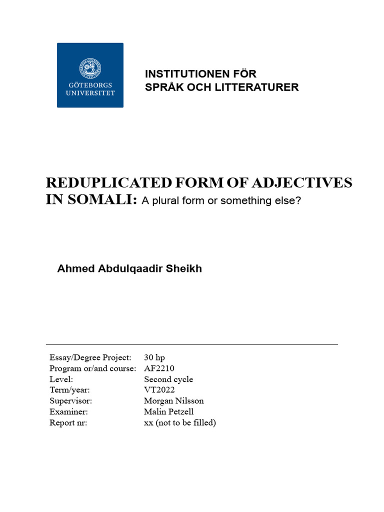 SPL 2022-063 Sheikh, Ahmed Abdulqaadir Master Afrikanska Språk | PDF | Plural | Grammatical Number