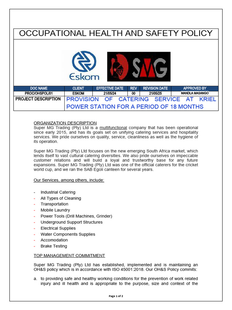 Ohs Policy Signed by Ceo | PDF | Occupational Safety And Health | Business