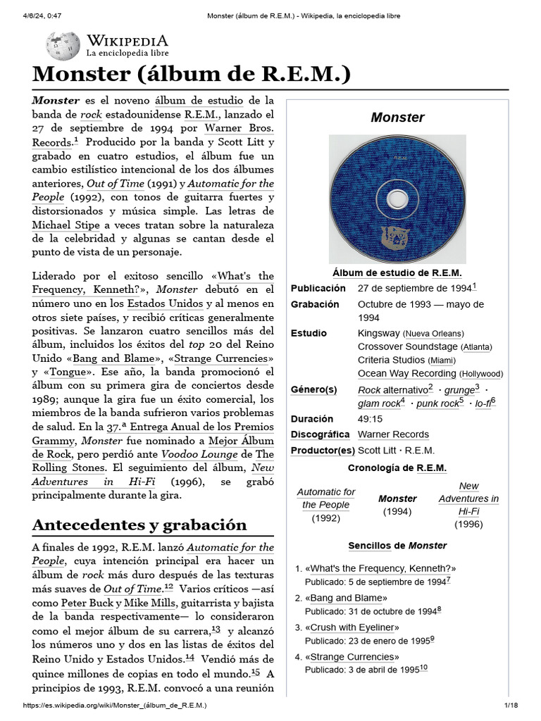 Monster (Álbum de R.E.M.) - Wikipedia, La Enciclopedia Libre | PDF ...