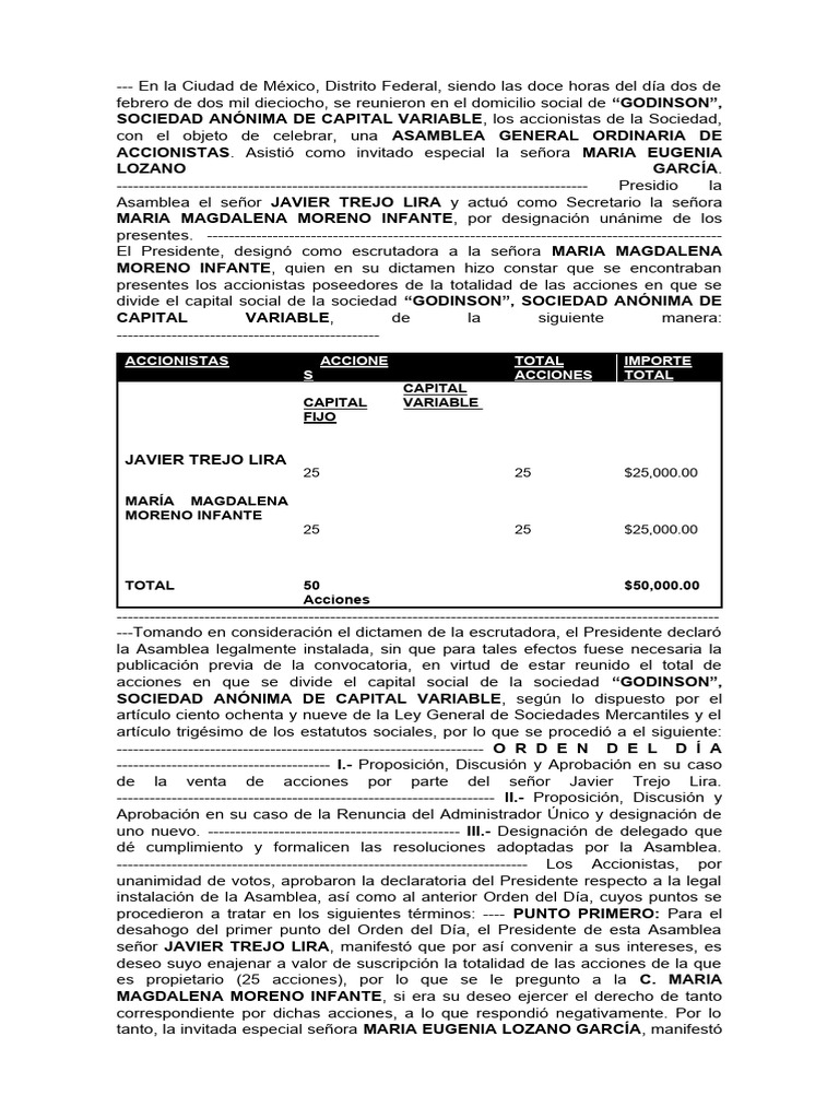 Asamblea Accionistas GODINSON 2018 | PDF | Compartir (Finanzas)