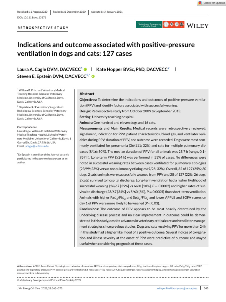 J Vet Emergen Crit Care - 2022 - Cagle - Indications and outcome ...
