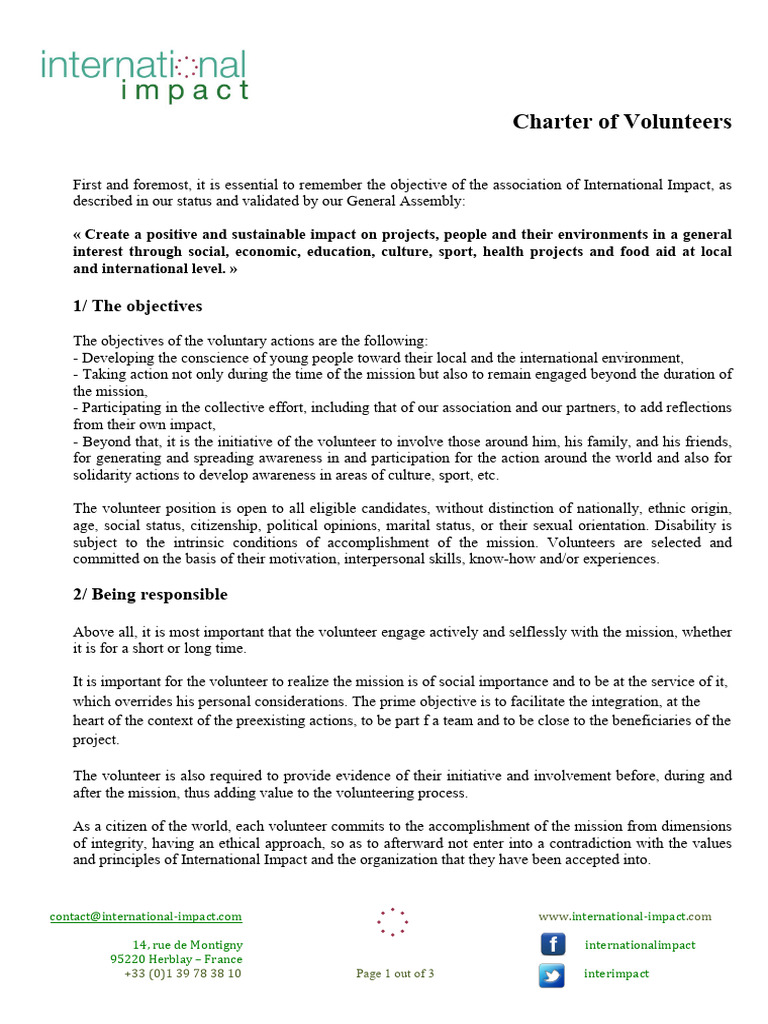 Charter of The Volunteers International Impact | PDF | Volunteering ...