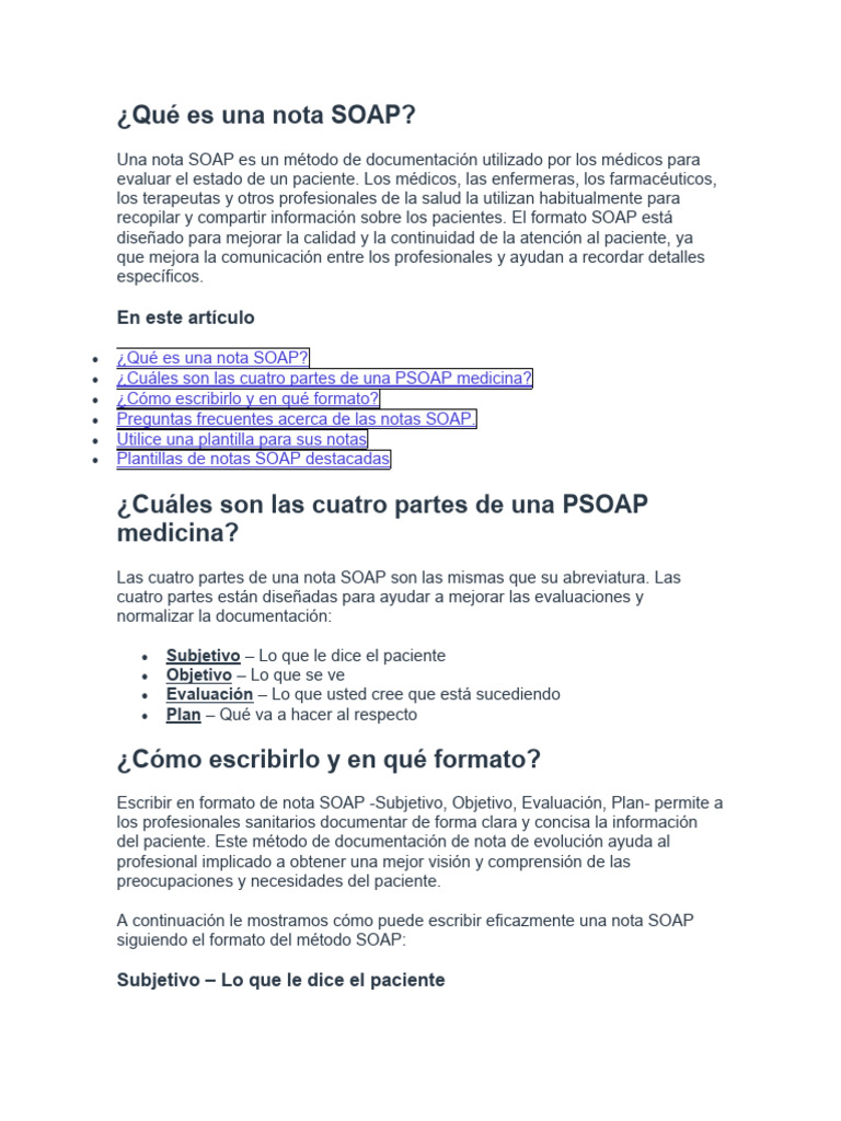 Qué es una nota SOAP | PDF | Ciencias de la Salud | Medicina