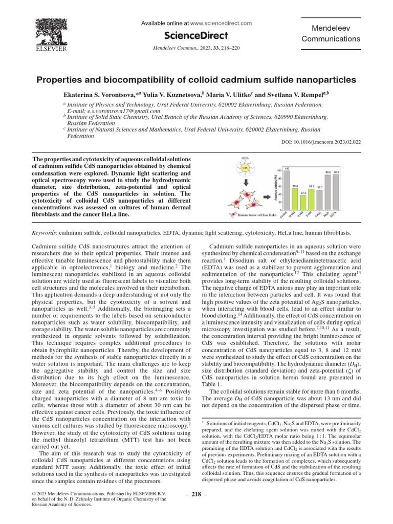 Properties and Biocompatibility of Colloid Cadmium Sulfide Nanoparticles | PDF | Nanoparticle ...