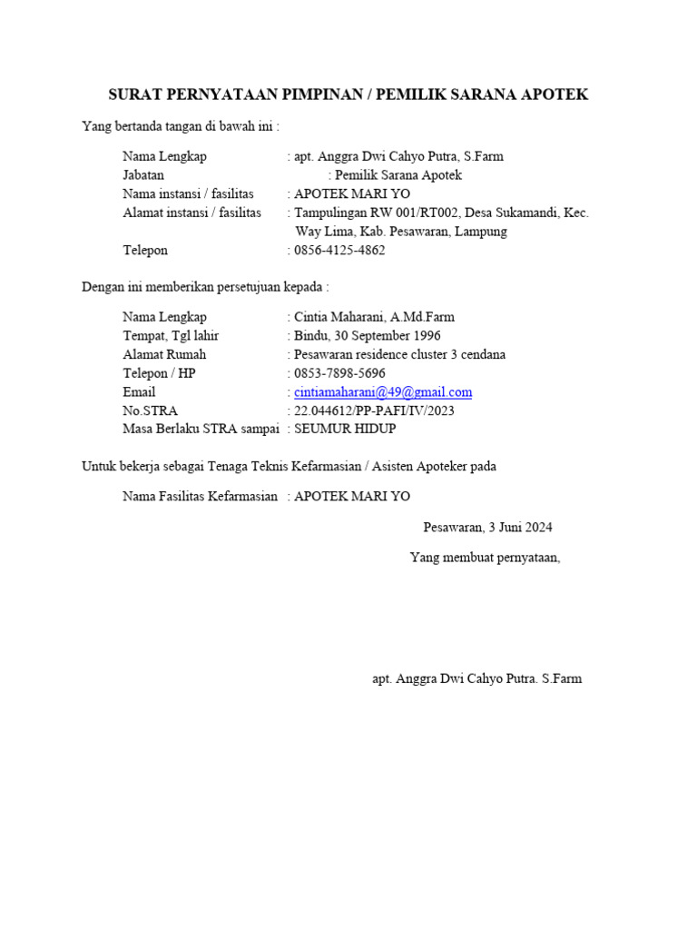 SURAT PERNYATAAN PEMILIK SARANA APOTEK Untuk TTK | PDF