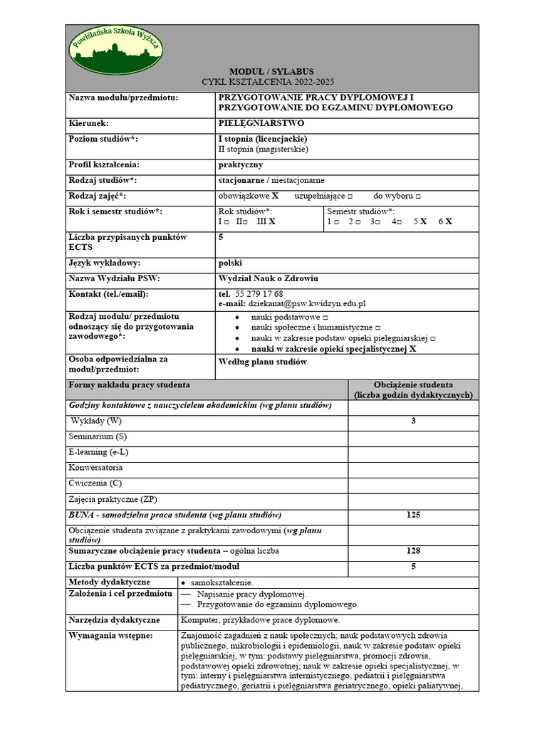 15 Przygotowanie Pracy Dyplomowej I Do Egz 2022-23 Sem V I VI | PDF