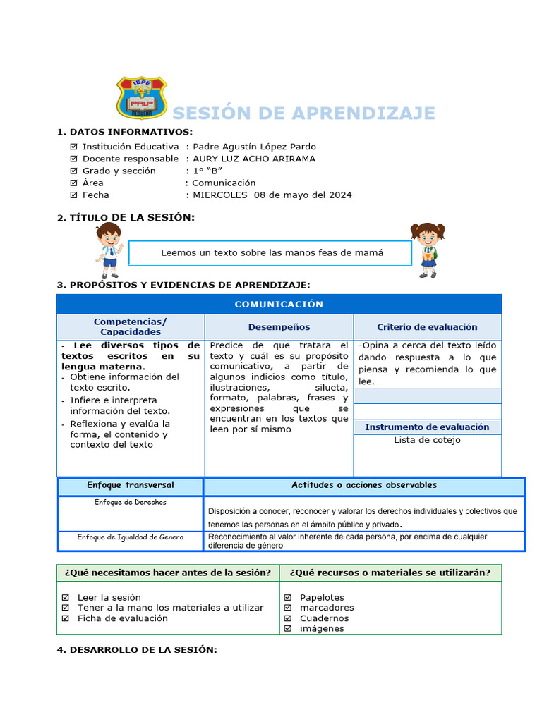 4 Leemos Un Texto Las Manos Feas de Mama | PDF | Evaluación | Aprendizaje