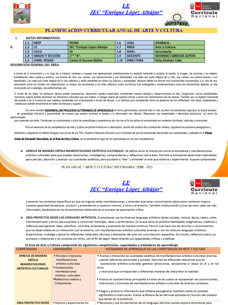 P.C.A. Arte y Cultura 1° A - B - 2023 | PDF | Aprendizaje | Sociedad