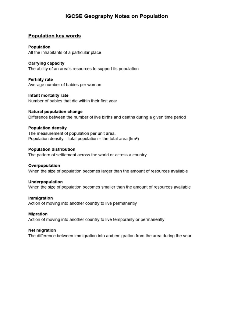 IGCSE Geography Notes On Population | PDF | Human Migration | Immigration