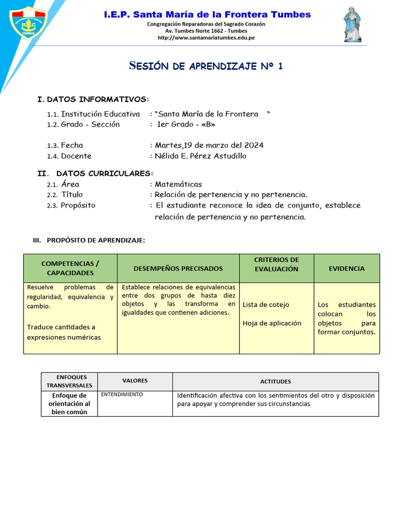 SESIÓN DE APRENDIZAJE 1 MATEMATICAS 19pertenencia | PDF | Aprendizaje | Cognición