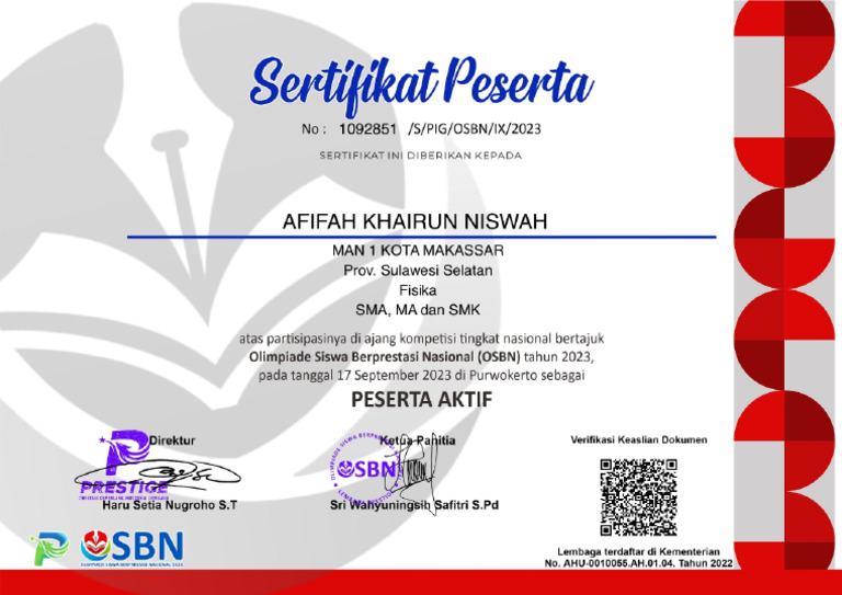 Cert - Fisika - OSBN 2023 | PDF