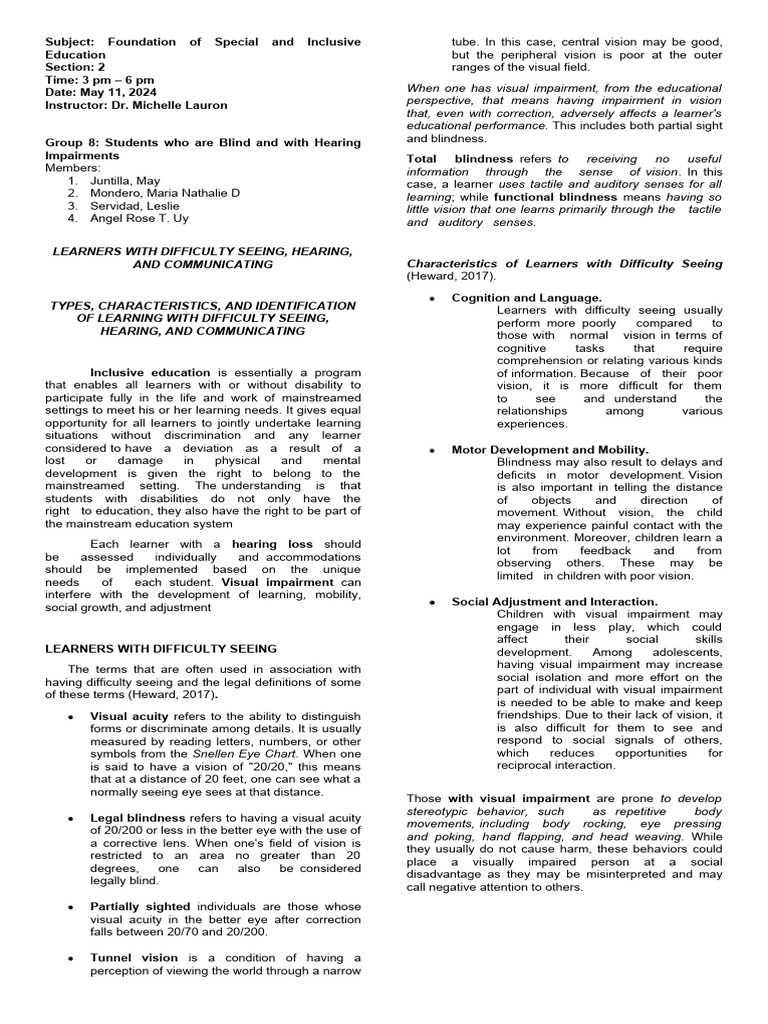 Partial Fact Sheet Foundation of Special and Inclusive Education 1 | PDF | Hearing Loss | Visual ...