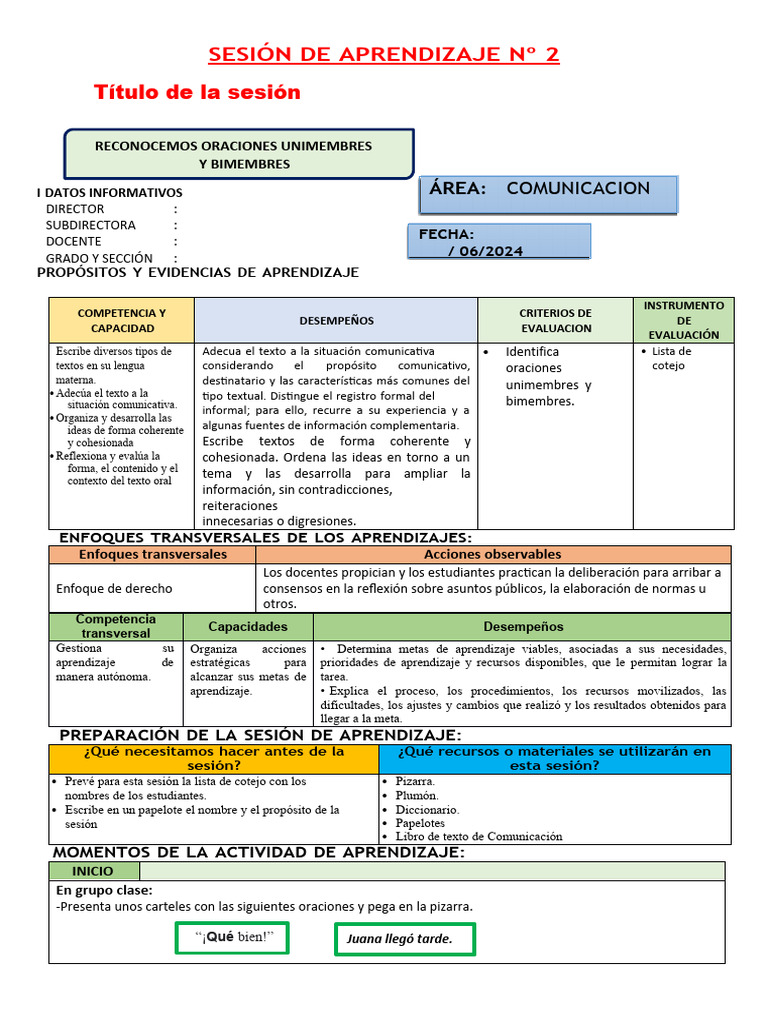 Sesión de Aprendizaje La Oracion Bimembre - Unimenbre | Descargar ...