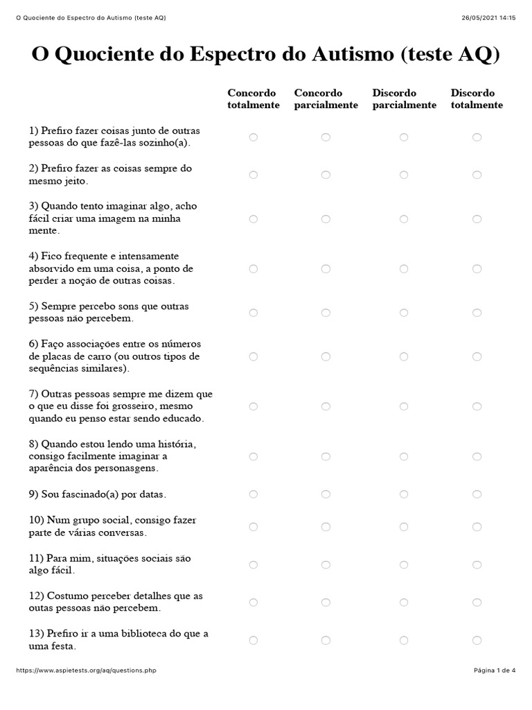 AQ - Quociente Do Espectro Do Autismo (Teste AQ) | PDF | Espectro do ...
