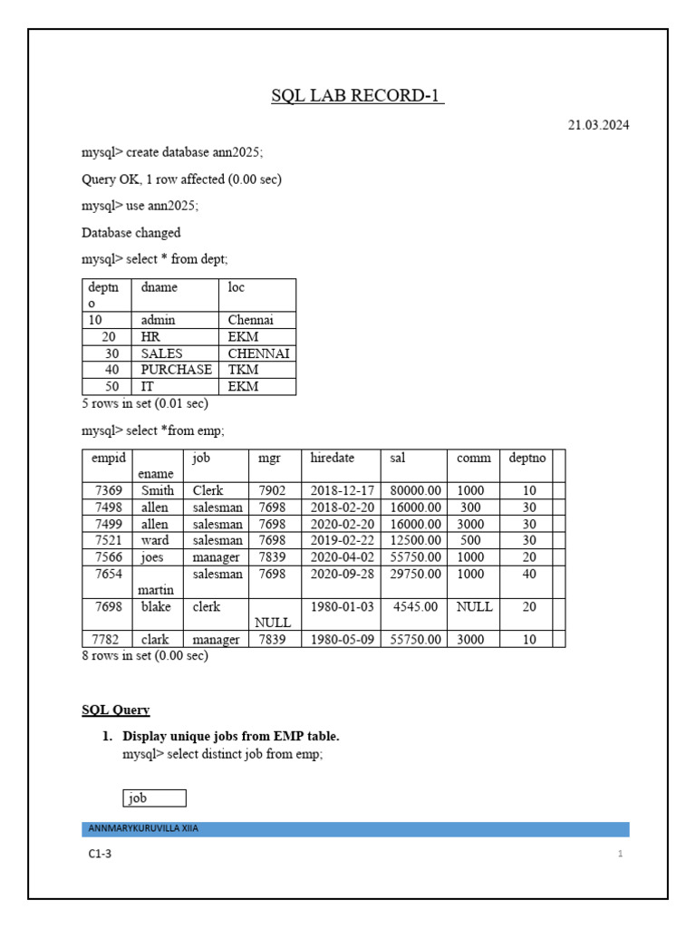 SQL Lab Record1 | PDF | Computing | Information Technology Management