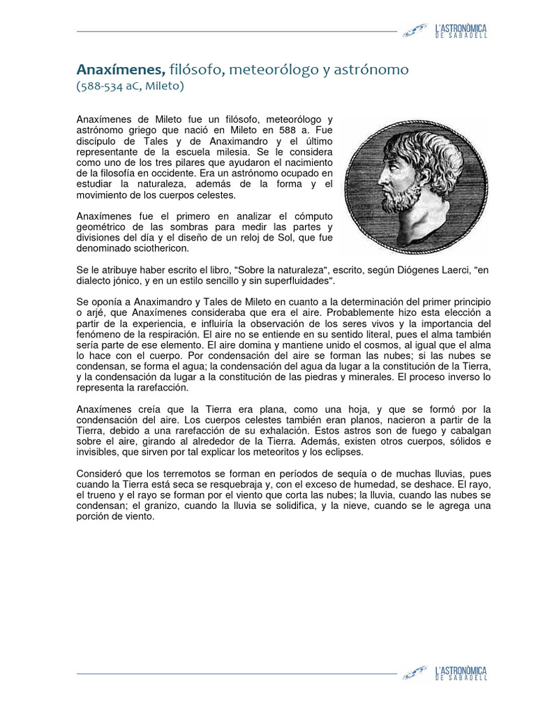 Anaxímenes: Filósofo y Astrónomo Griego | PDF | Ciencia y matemáticas