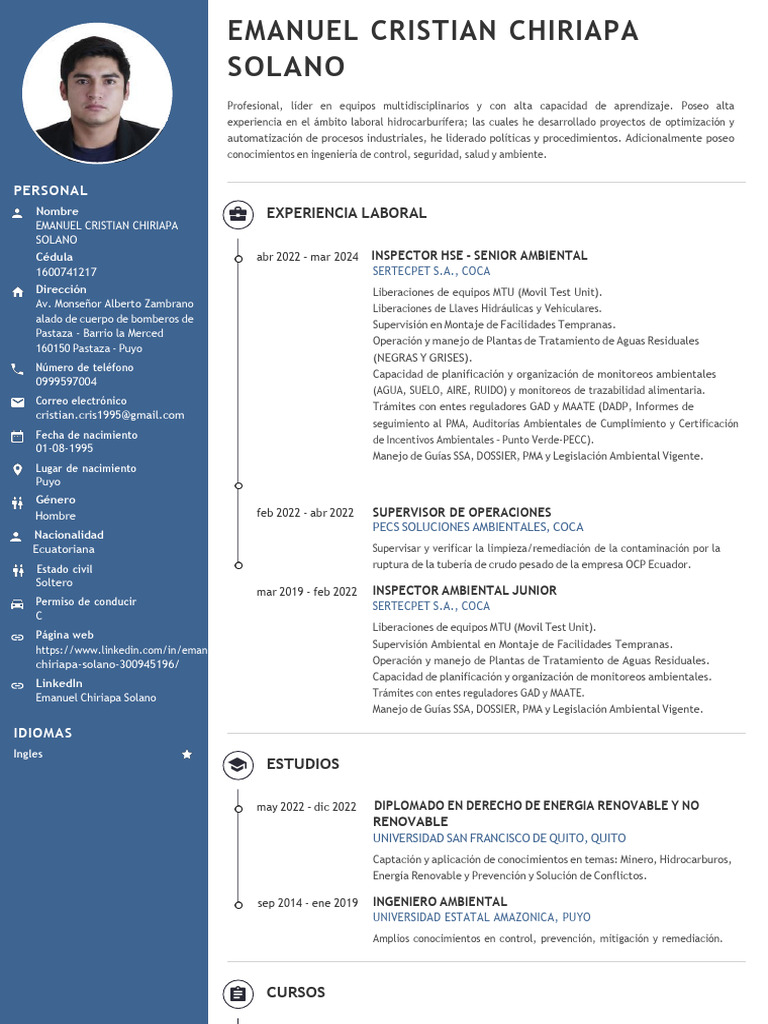 Cv-Emanuel Cristian Chiriapa Solano | PDF | Entorno natural | Ciencias ...