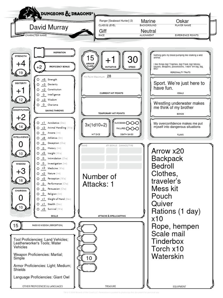 D&D Ranger Character Sheet Template | PDF