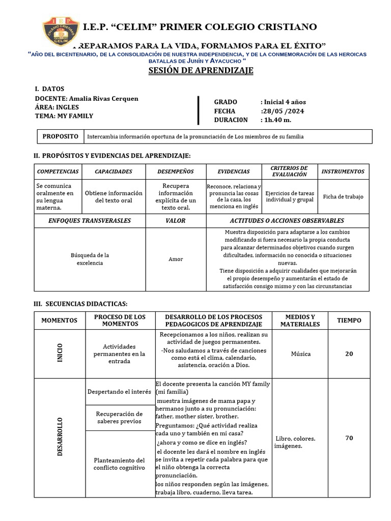 Sesión de Aprendizaje INGLES | PDF | Aprendizaje | Evaluación