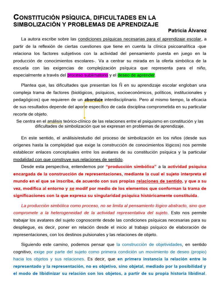 Resumen: CONSTITUCIÓN PSÍQUICA, DIFICULTADES EN LA SIMBOLIZACIÓN Y PROBLEMAS DE APRENDIZAJE ...