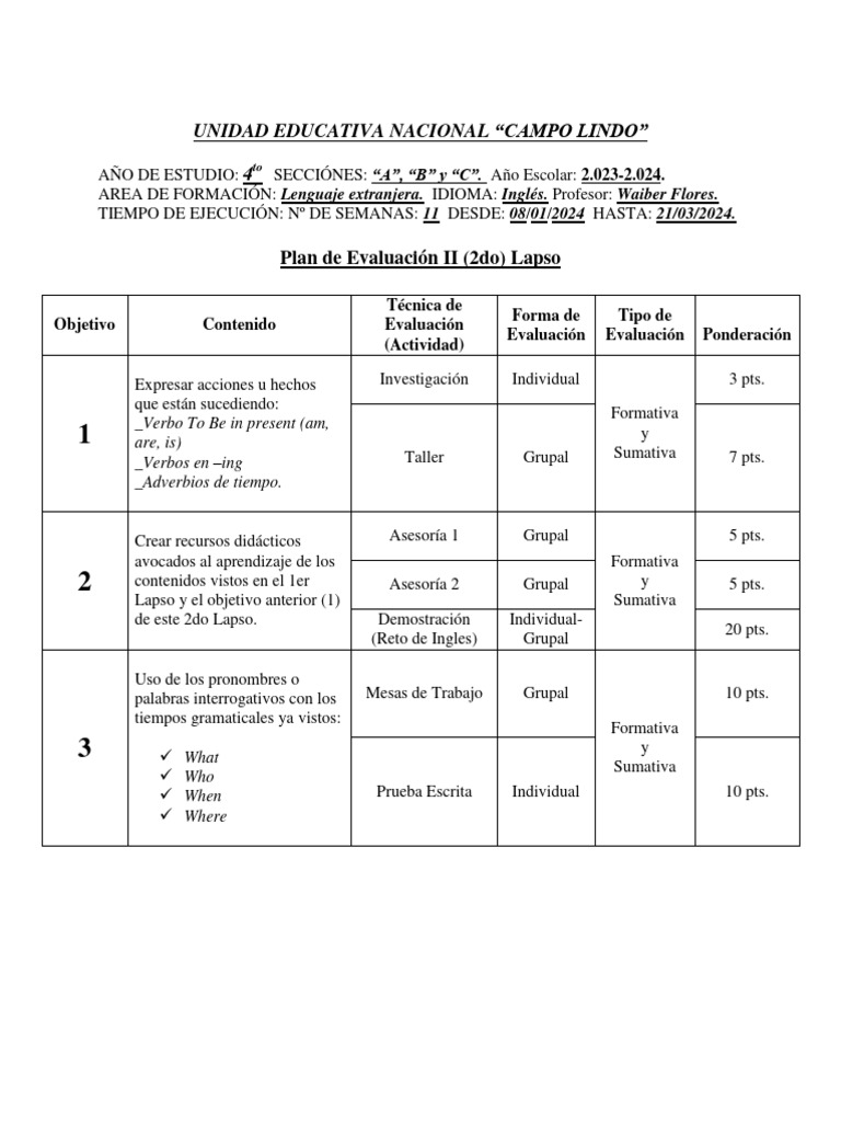 Plan de Evaluacion II Lapso Ingles 4tos UEN Campo Lindo 2023-2024 | PDF | Evaluación | Cognición