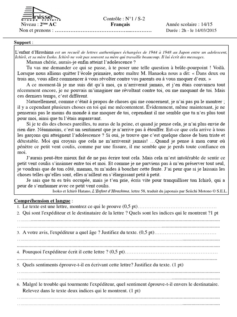 Contrôle de Français 2AC - S2 | PDF