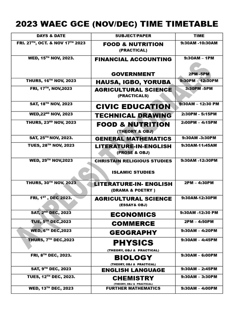 Summarized 2023 Waec Gce Timetable | PDF | Social Science | Technology ...
