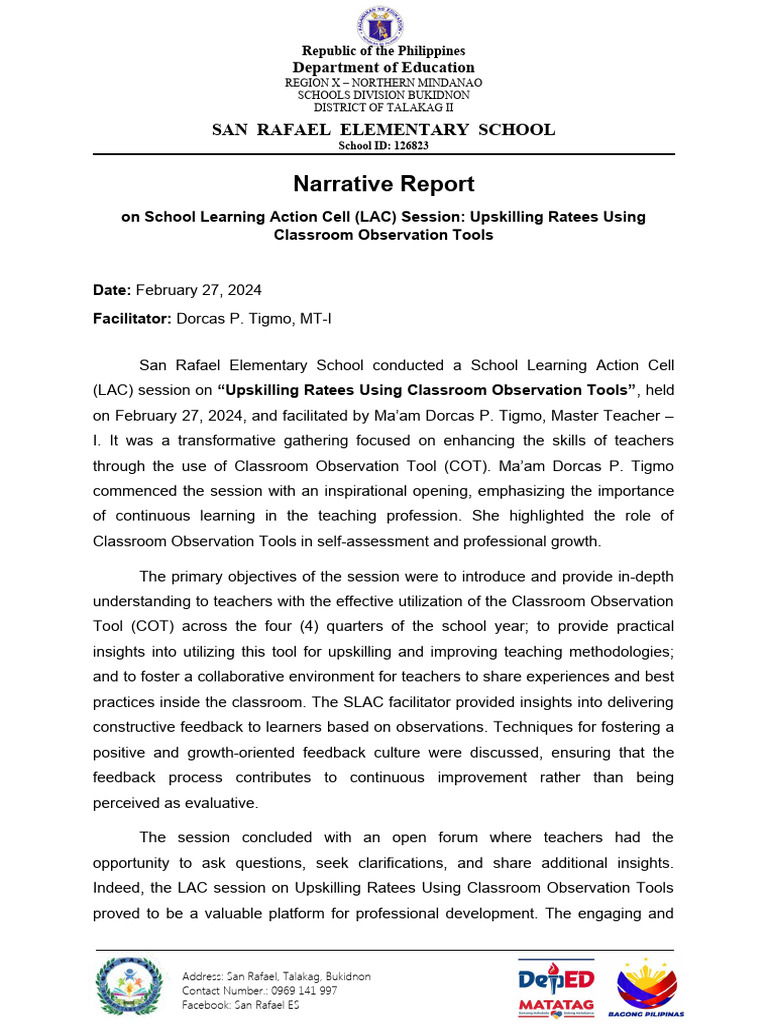 NARRATIVE REPORT ON SCHOOL LAC | PDF | Teachers | Learning
