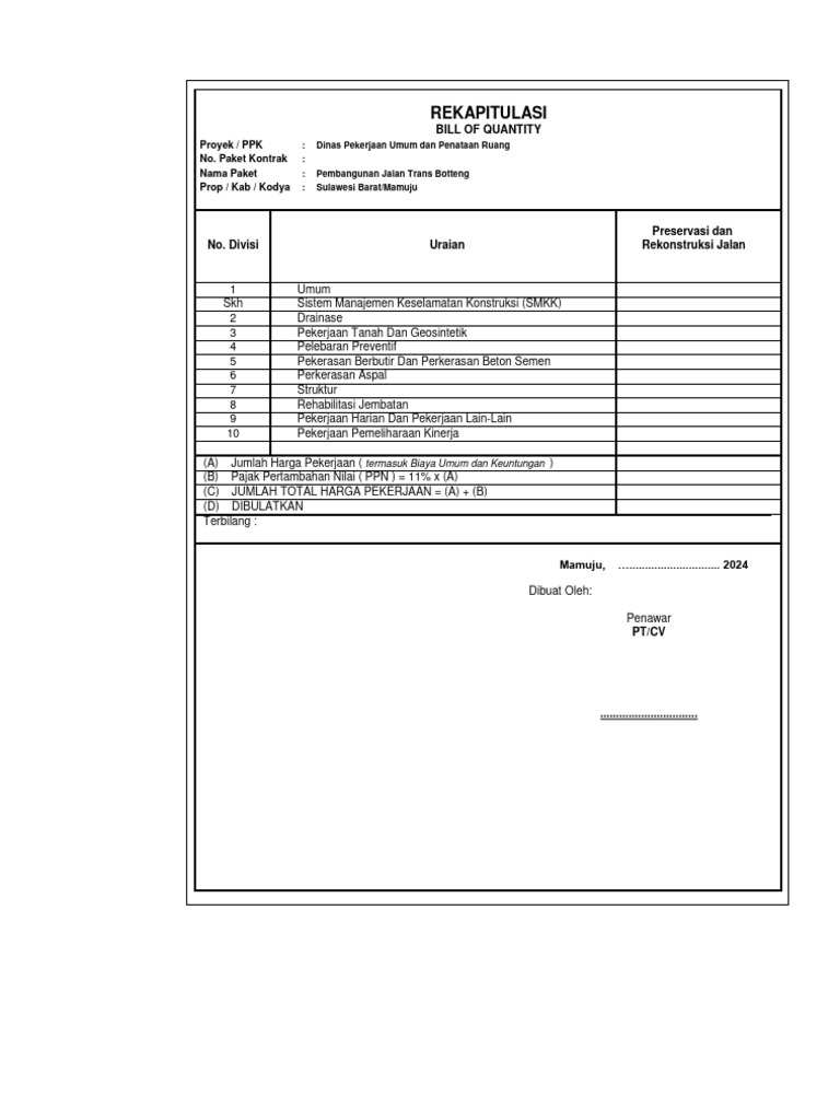 BOQ Pembangunan Jalan Trans Botteng SILPA | PDF