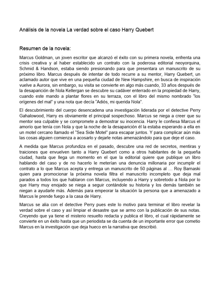 Análisis de La Novela La Verdad Sobre El Caso Harry Quebert | PDF