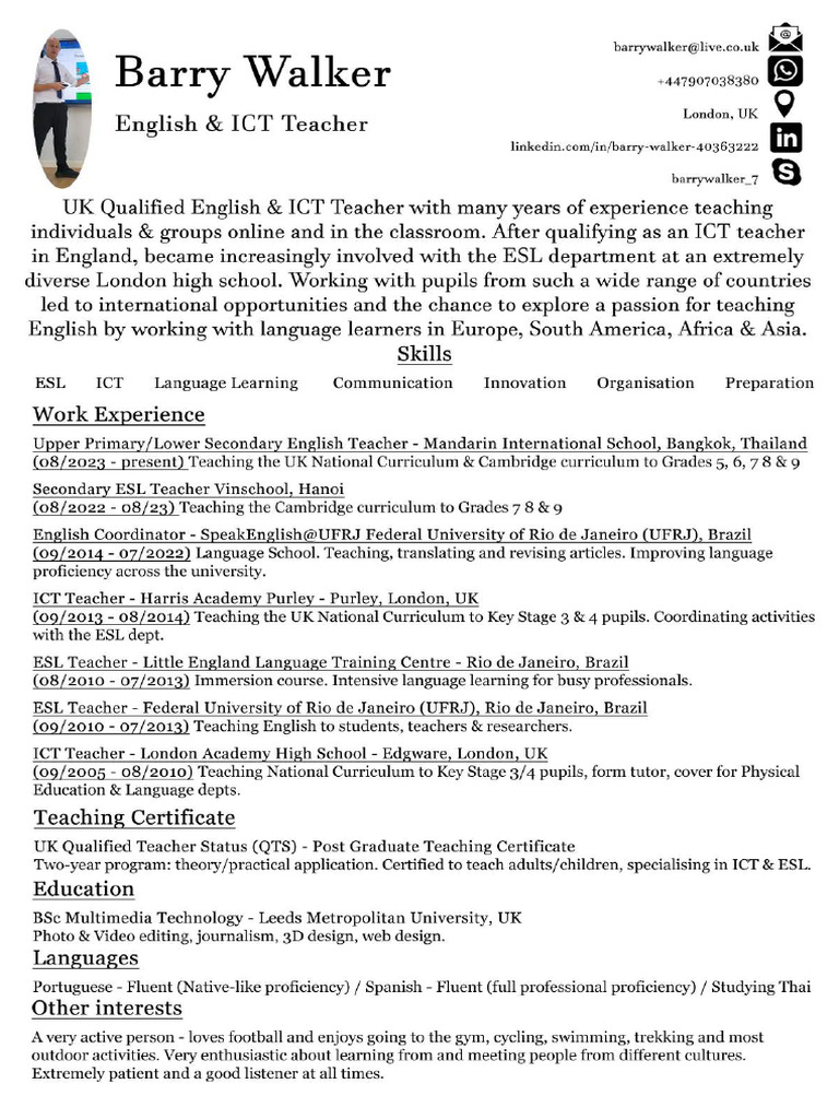 Barry Walker_CV_Cov letter_2024-compressed | Download Free PDF | Teachers | Curriculum