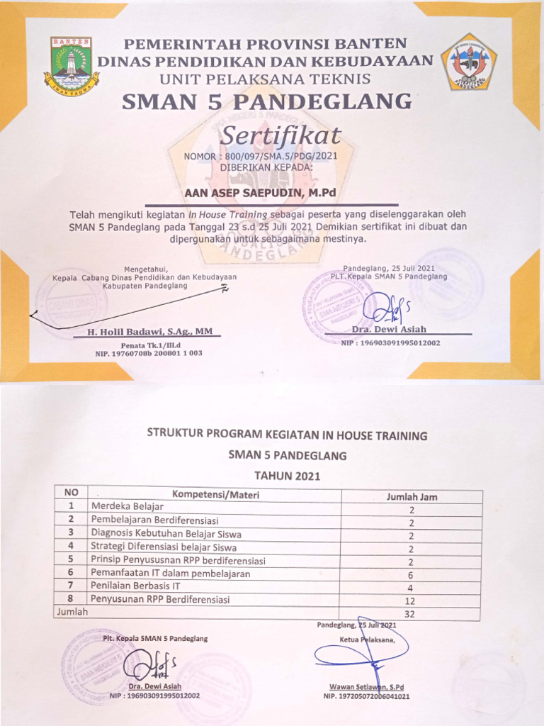 Sertifikat Diklat in House Training (IHT) Pembelajaran Berdiferensiasi ...
