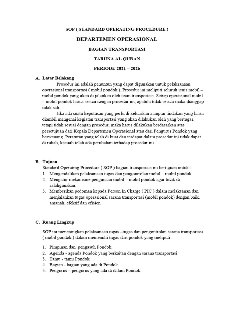 SOP Transportasi Taruna Al Quran 2021-2026 | PDF