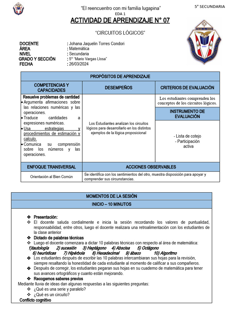 5 - Sesion de Aprendizaje - 7 - E1 (Mario Vargas Llosa) | PDF | Evaluación | Ciencia cognitiva