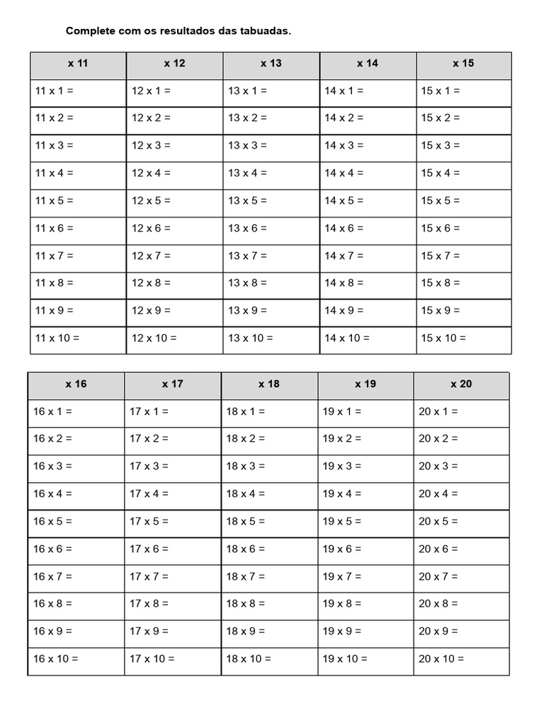 Tabuada 11 Ao 20 | PDF | Teaching Methods & Materials
