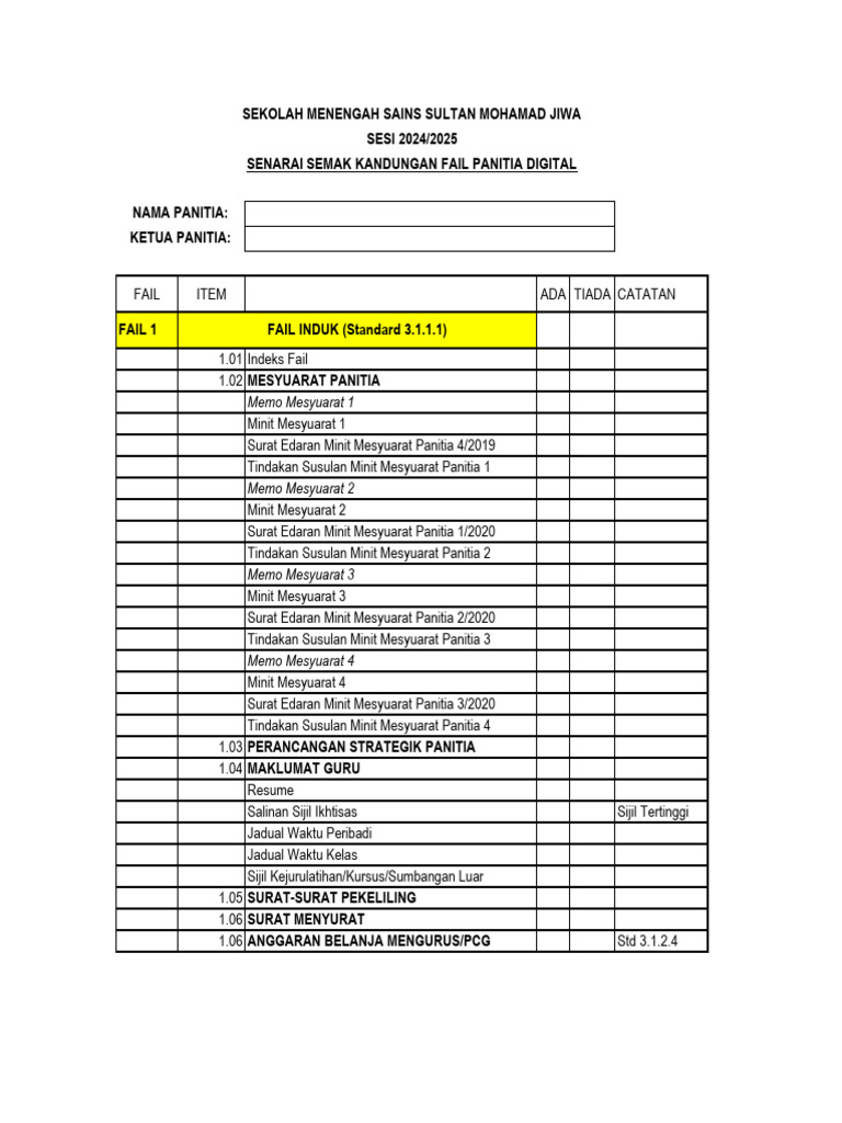 Senarai Semak Fail Panitia 2024 | PDF