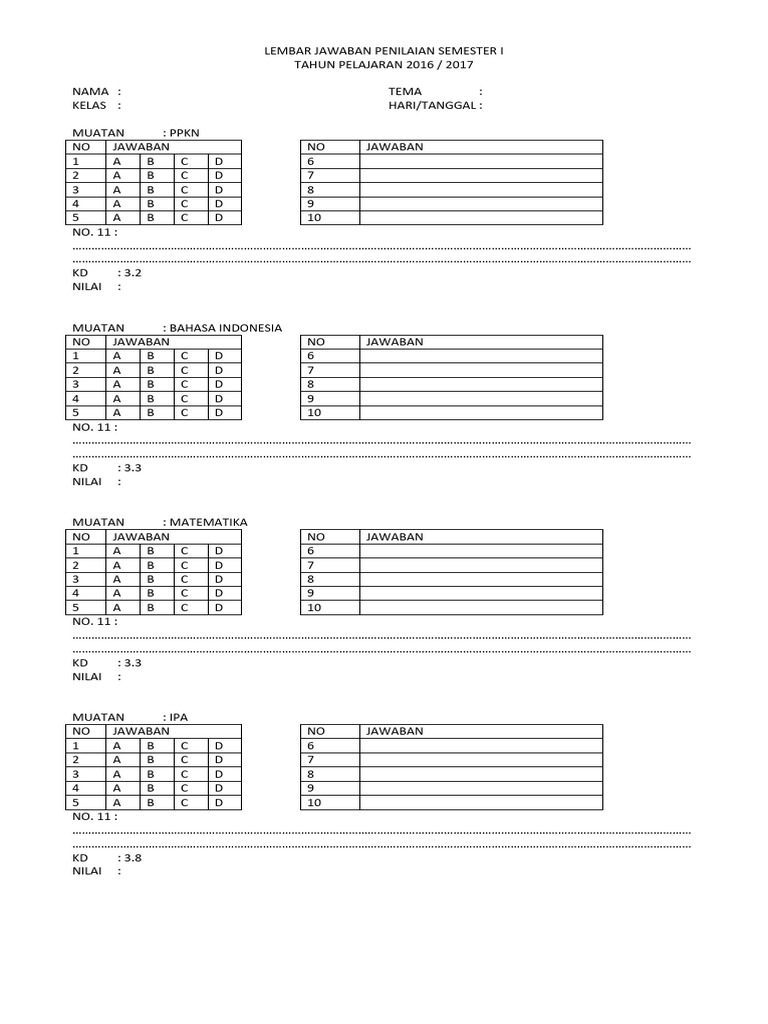 Semester Exam Answer Sheet | PDF | Teaching Methods & Materials