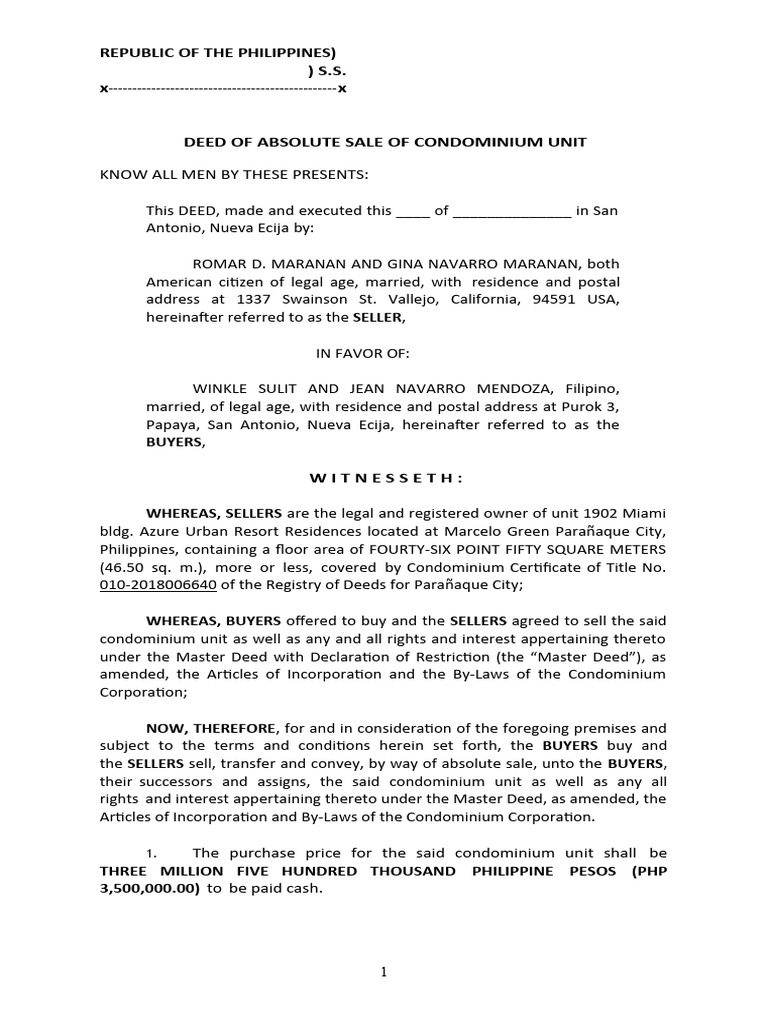 Deed of Absolute Sale: Condo Unit in Philippines | PDF | Condominium ...