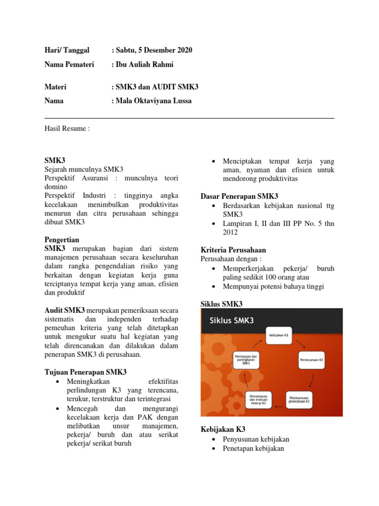 Resume Materi SMK3 Dan Audit SMK3 Mala Oktaviyana Lussa | PDF | Bisnis