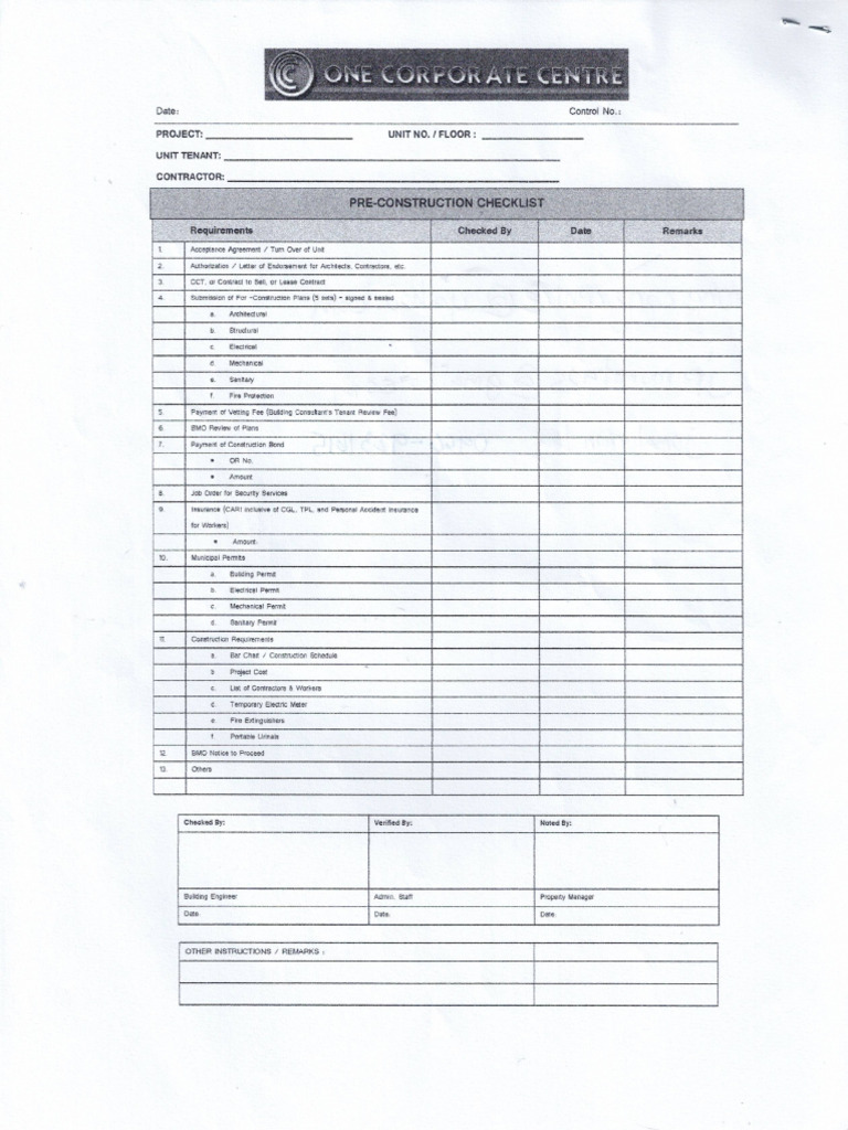 OCC Pre Construction Checklist | PDF