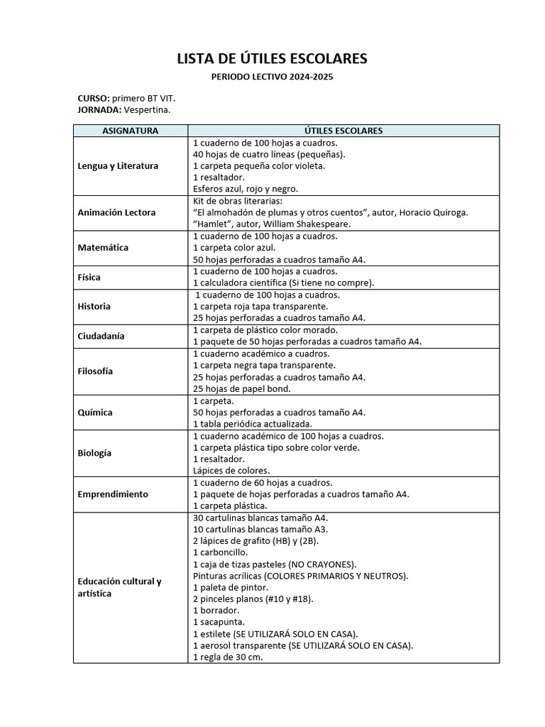 1° BT Vit A - V - Lista Escolares - 2024-2025 | PDF | Color | Pinturas
