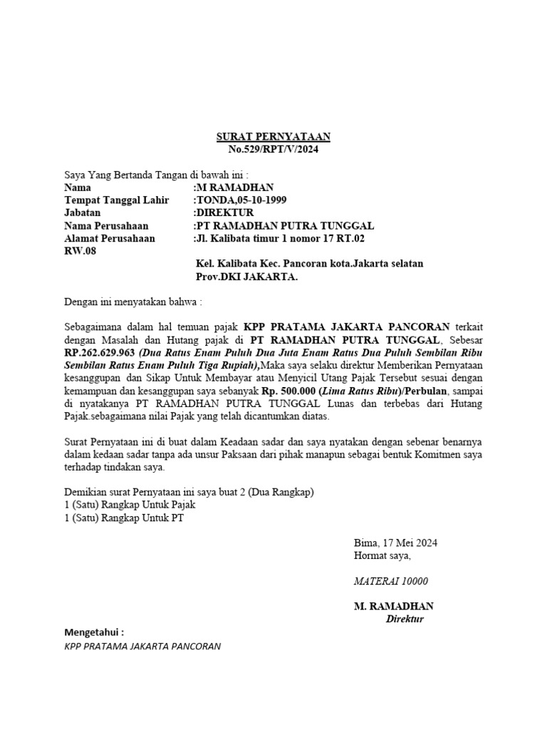 Surat Pernyataan PT RPT V 2024 | PDF
