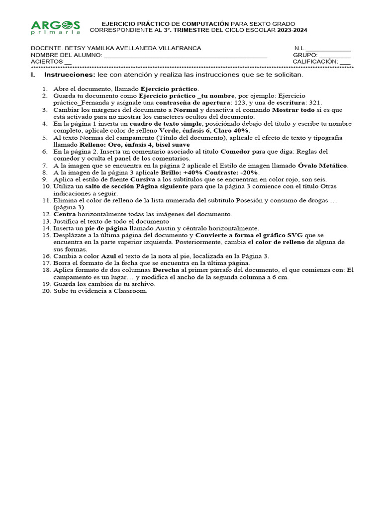 Ejercicio Practico 6° Grado | PDF