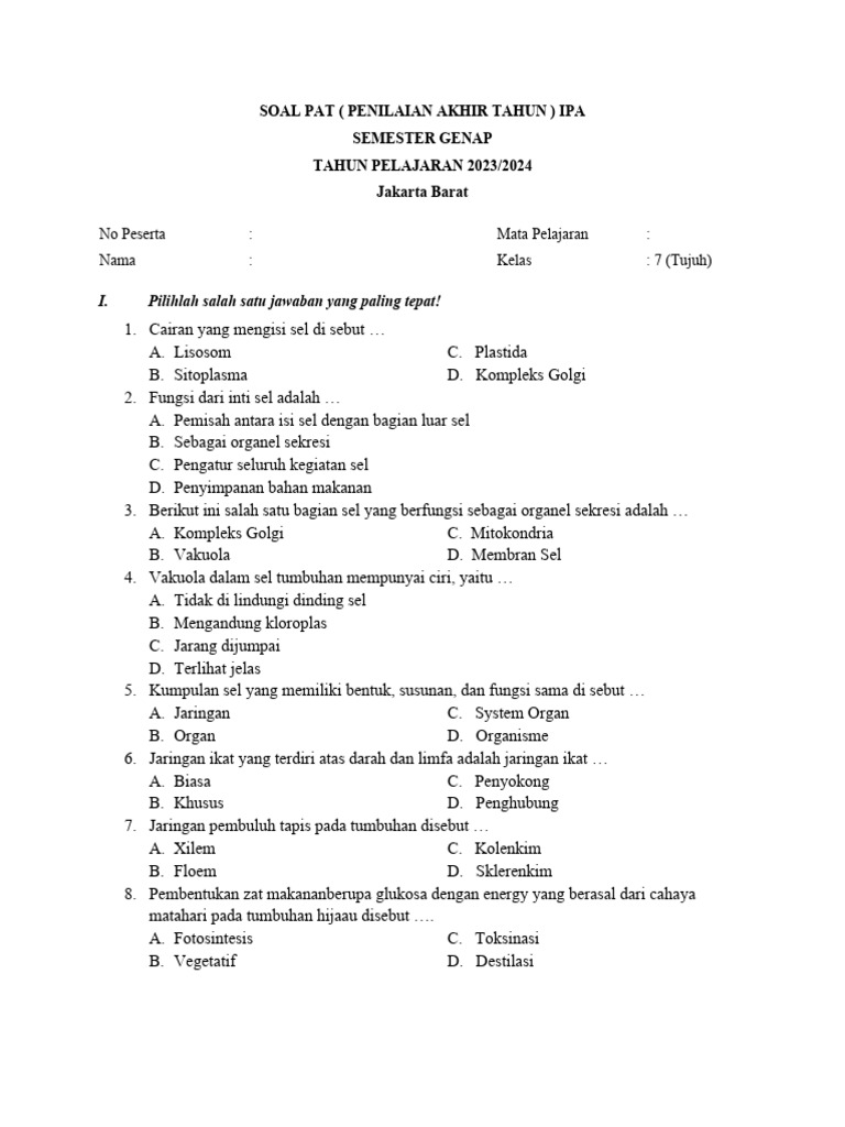 SOAL PAT IPA KLS 7 SMT 2 2023-2024 | PDF