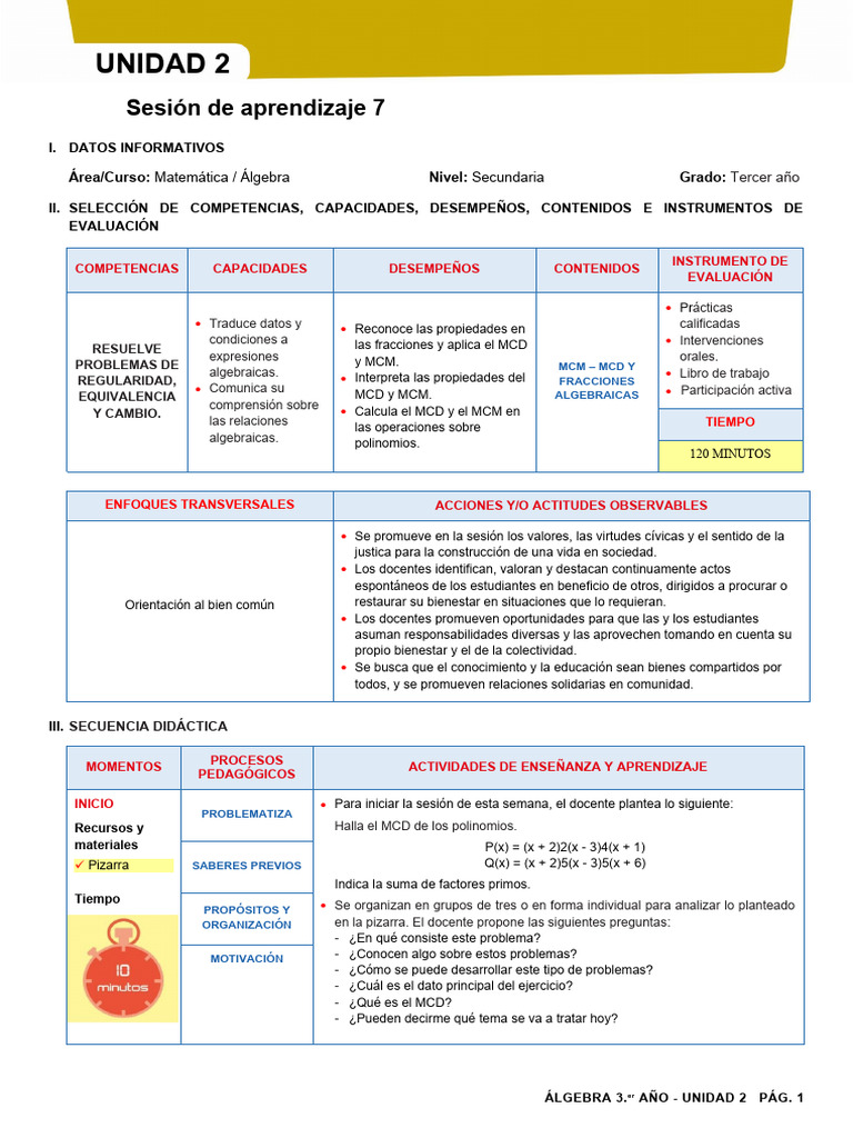 3°-U2-Álg-Sesión de Aprendizaje 7 | PDF | Evaluación | Enseñando