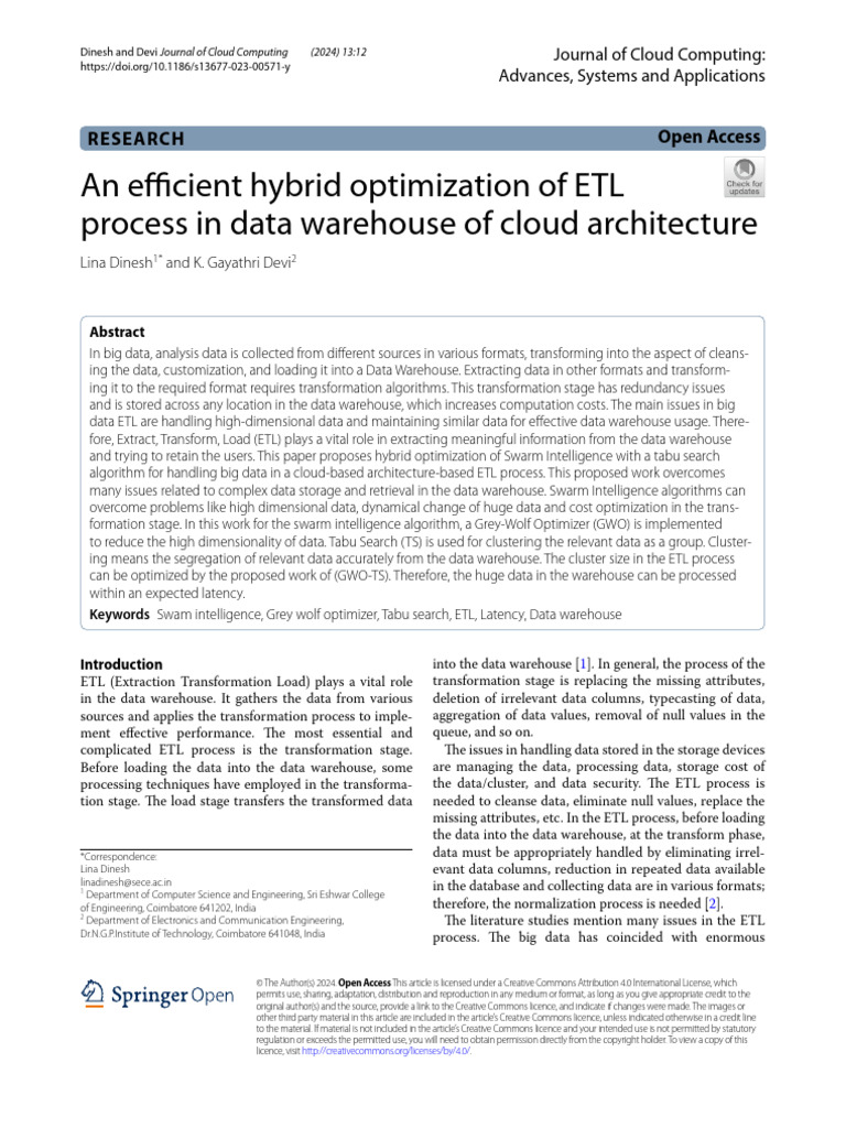 An Efficent Hybrid Optimization of ETL Process in Data Warehouse of Cloud Architecture | PDF ...