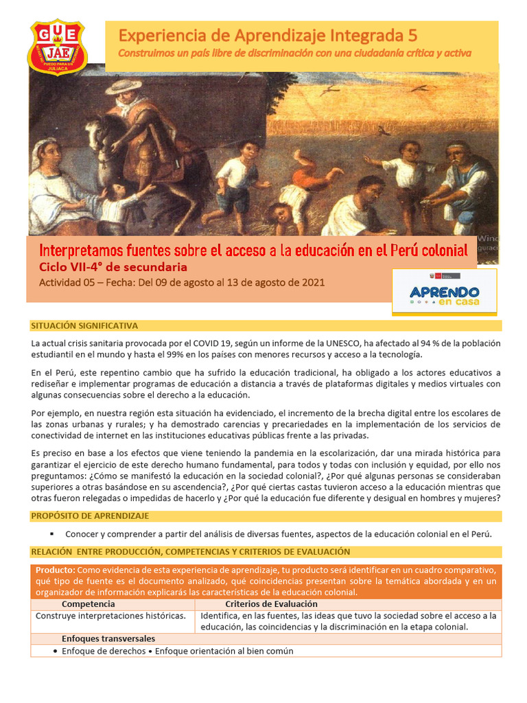 CC - SS. 4° Experiencia de Aprendizaje 5 Actividad 5 | PDF | Aprendizaje | Evaluación