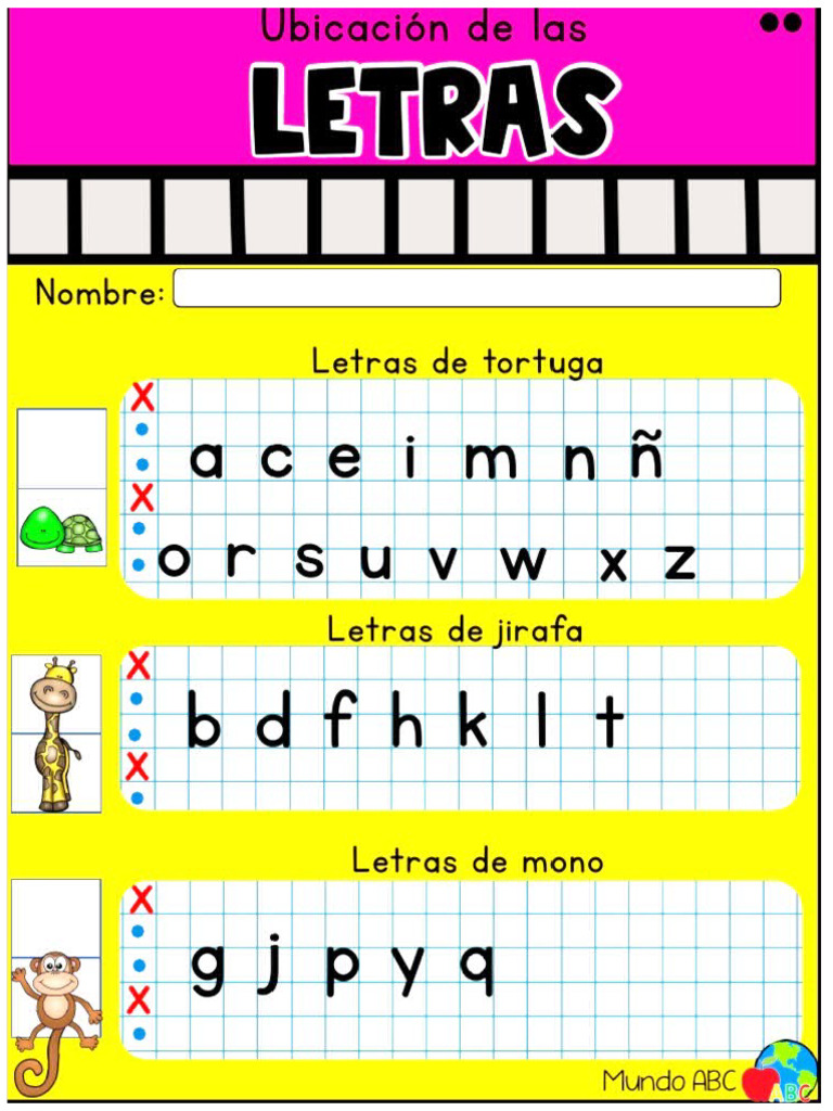 Ubicación de Las Letras Mono, Tortuga y Jirafa | PDF