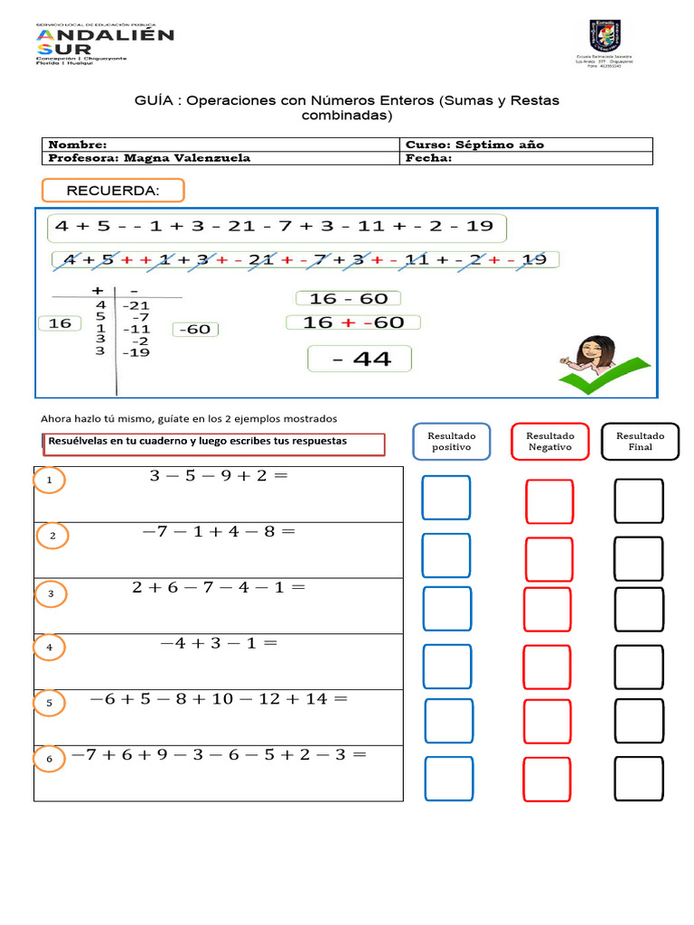 Matemática 7° año Guía Sumas y restas de enteros varios | PDF